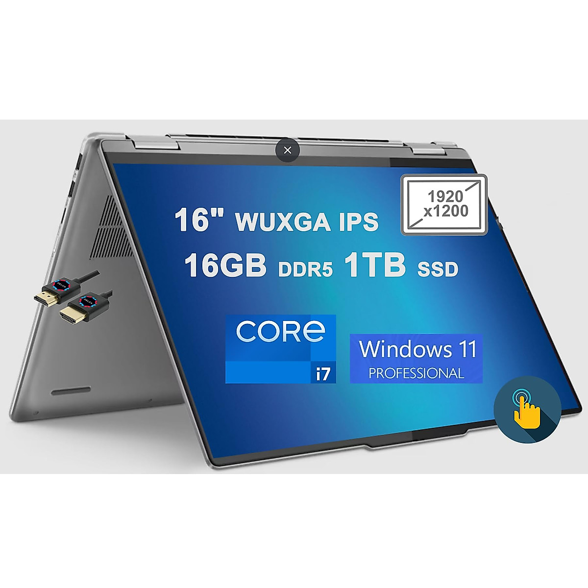 Lenovo Yoga 7i 16 2-in-1 Laptop | 16" WUXGA IPS Multi-Touch (300 nits) | 13th Gen Intel 10-Core i7-1355U | 16GB DDR5 1TB SSD | Backlit Fingerprint Thunderbolt HDMI Win11Pro Gray + HDMI Cable