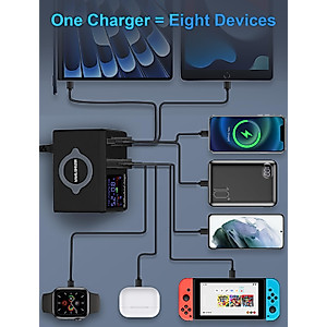 WANLONGXIN 100W 8-Port USB Qi Wireless Charging Station, QC3.0/PD Fast Charge for Phones Tablets USB Tools, Multi-Device Smart IC Desktop Organizer Hub