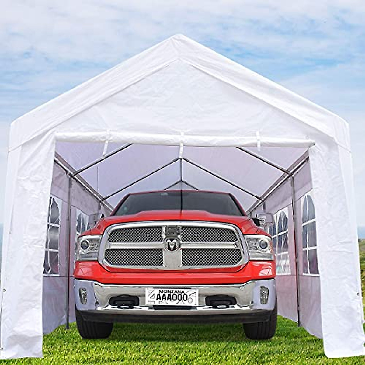PEAKTOP OUTDOOR 10x20 ft Heavy Duty Carport Car Canopy with Removable Window Sidewalls, Portable Garage Tent Boat Shelter with Reinforced Triangular Beams, White