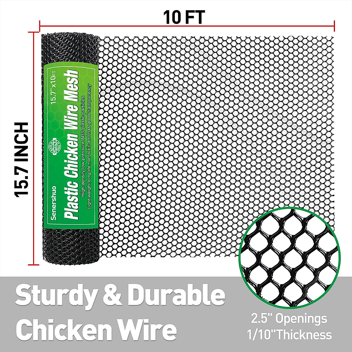 Senershuo Chicken Wire mesh 15.7IN x 10FT Black Plastic mesh Sheet Plant Fence Barrier Chicken Wire Fence Mesh Hexagonal Poultry Mesh Netting Garden Fencing Cat Fencing and Bird Netting