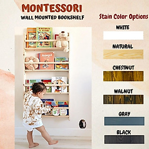 Handmade Solidwood Wall Mounted Montessori Kids Bookshelf, 4 Tier Book Display for Children Bedroom, Nursery Furniture Bookcase, Solid Wood Pine Tree Book Organiser for Living Room (Natural)