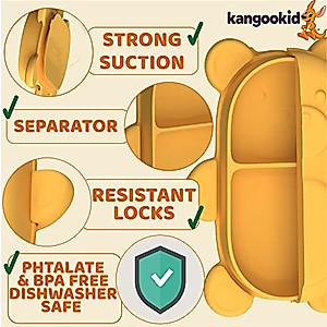Kangookid Bear Silicone Suction Plate for Baby,Kid & Toddler-Fold-N-Go Baby Bowl with Lid- Divided Toddler Plate Fits Baby Highchair Tray-Silicone Plate Transforms into Food Container(Bear-Beige)
