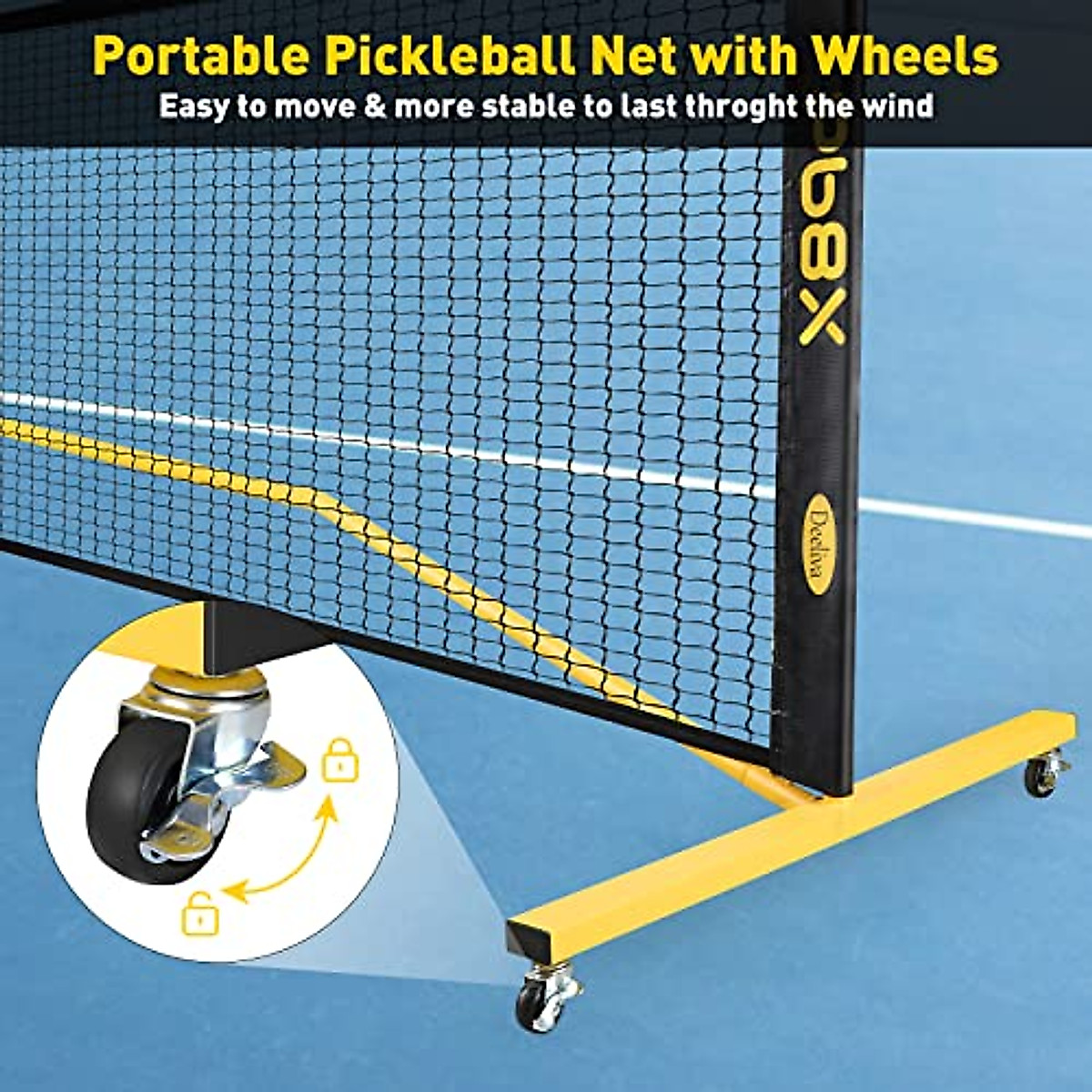 Deeliva Pickleball Set with Net Wheels for Driveway Portable Regulation Size Pickleball Net System with 4 Paddles, 6 Pickle Ball, Court Line Marker, Bag, Weather Resistant Metal Frame Outdoor Home