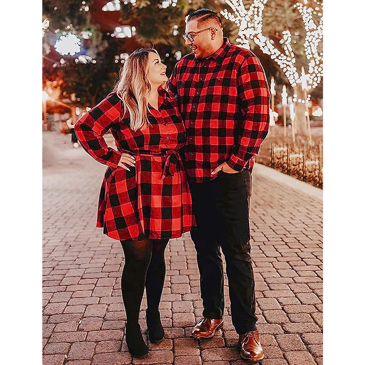FANCYINN Womens Christmas Plaid Dresses Flannel Button Down Long Sleeve Shirt Dress Winter Casual Dresses Mini Dress with Belt Red M