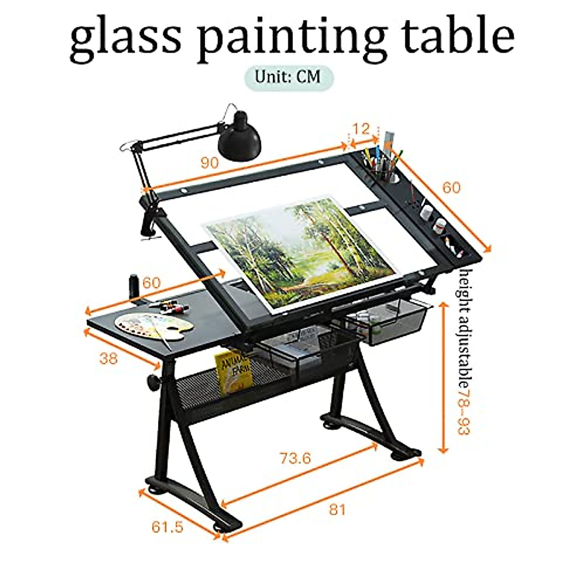 HZH Drafting Tables Glass Drafting Table Art Desk, Height Adjustable Drawing Desk Art/Craft Desk Paintings Work Station W/ 2 Storage Drawers And Stool for Craft Station Studio Home Office School