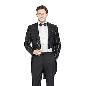 MAGE MALE Mens Sequin Tuxedo Jacket Tails Slim Fit Tailcoat Dress Coat Swallowtail Dinner Party Wedding Blazer Suit Jacket Black