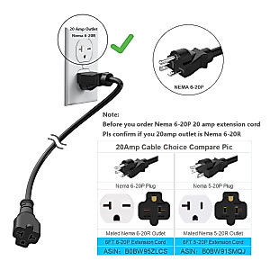 6-Ft 12AWG Nema 6-20P Extension Cord 20 Amp Nema 6-20 Heavy Duty Extension Cord 6Ft,Nema 6-20P to 6-15R/20R,6-20P to 5-20R 20AMP T-Blade Adapter-Cable, 250V 20A AC Extension Cord