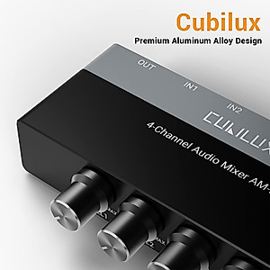 Cubilux AM-K4 6.35mm Audio Mixer [Ultra-Low Noise, HiFi AMP] 4-Channel Line-In 1/4” Mini AUX Mixer, Quarter Inch Small Stage Sub Mixer for Guitar Bass Keyboard Drum, Club Bar Studio