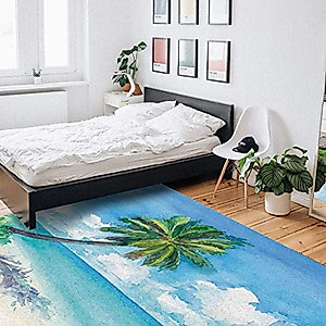 Large Rectangular Area Rugs 3' x 5' Living Room, Hand Painted Tropical Plants Coconut Tree Beach Blue Sky White Clouds Durable Non Slip Rug Carpet Floor Mat for Bedroom Bedside Outdoor
