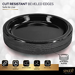 Amcrate Disposable Plastic Plates Black, 10.4 Inches Plastic Dinner Plates, Strong and Sturdy Disposable Plates for Party, Dinner, Holiday, Picnic, or Travel Party Plates, Pack of 50