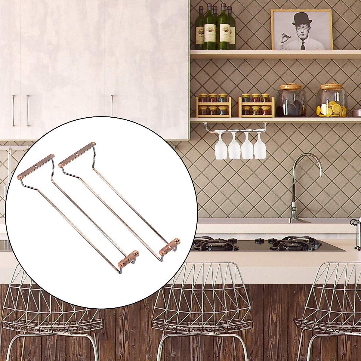 CM Pack of 2 Under Cabinet Hanging Rack Wire Hanger Rack Organizer Holder Rack for Wine Stem Glasses Stemware Wine Glass in Bar Kitchen, 12 Inch Long (Antique Copper Finish)