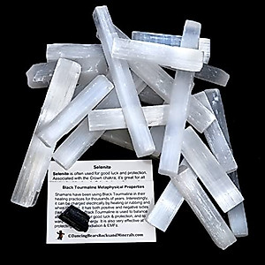 DANCING BEAR 2 Pound Selenite Small Sticks- Wands Premium Hand-Sorted Plus Include a Piece of Black Tourmaline Crystal and Educational ID Cards, Bulk, Reiki, Chakra, Good Luck & Protection