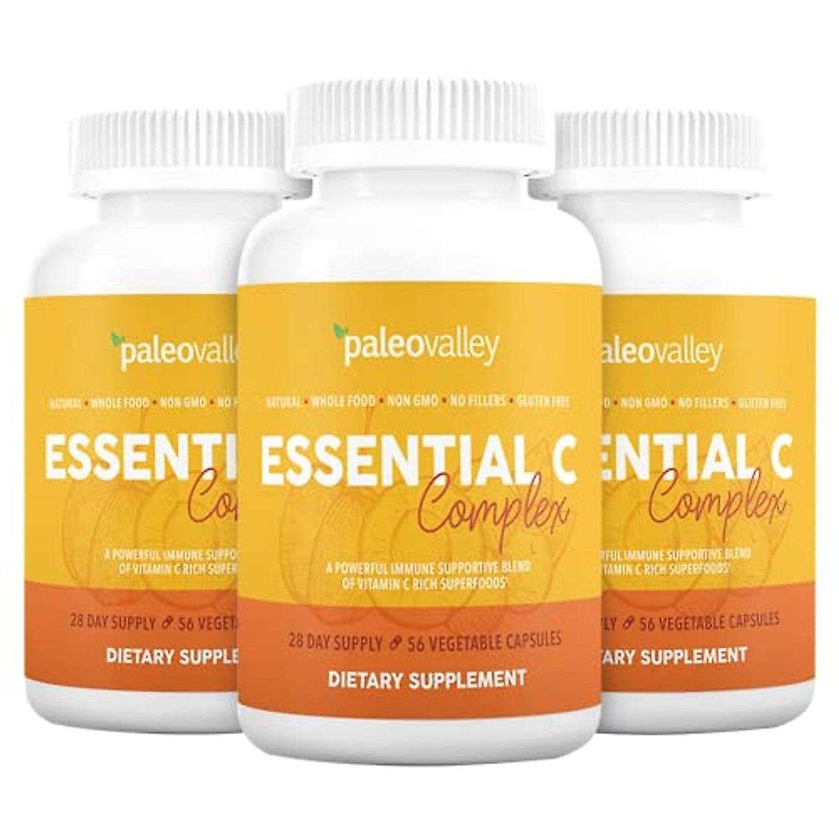 Paleovalley Essential C Complex - Vitamin C Supplement for Immune Support - 3 Pack, 450mg - From Organic Superfoods Unripe Acerola Cherry, Camu Camu, Amla Berry - No Synthetic Ascorbic Acid - USA Made