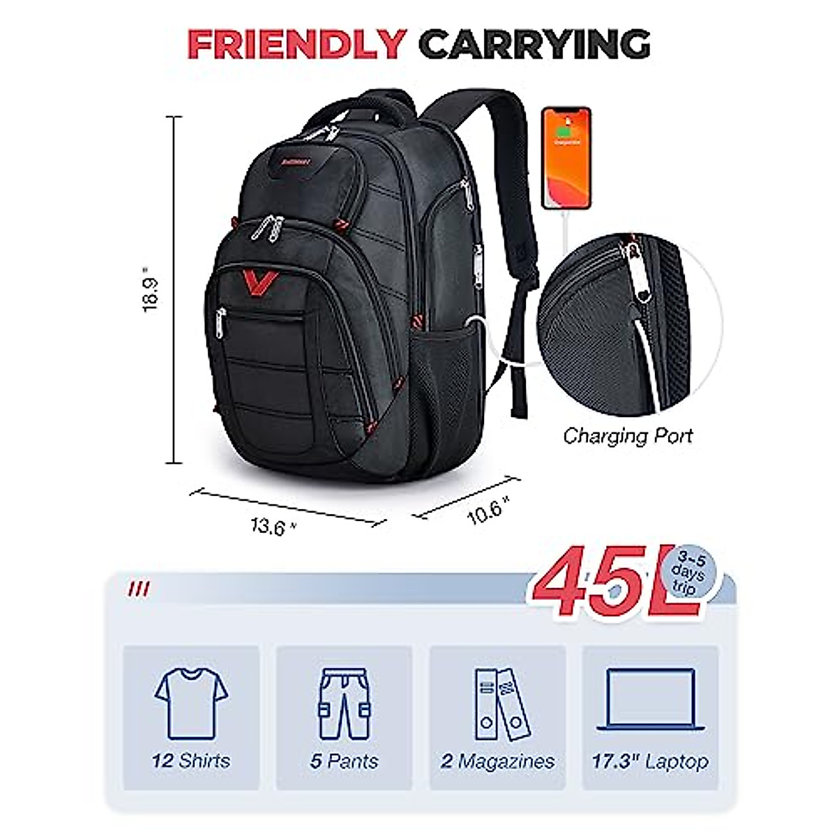 BAGSMART 45L Travel Laptop Backpack, TSA 17.3 Inch Laptop Backpack Flight Approved Black Travel Backpack with USB Charger Hole, Water Resistant College Computer Backpack Business Weekender Bag, Black