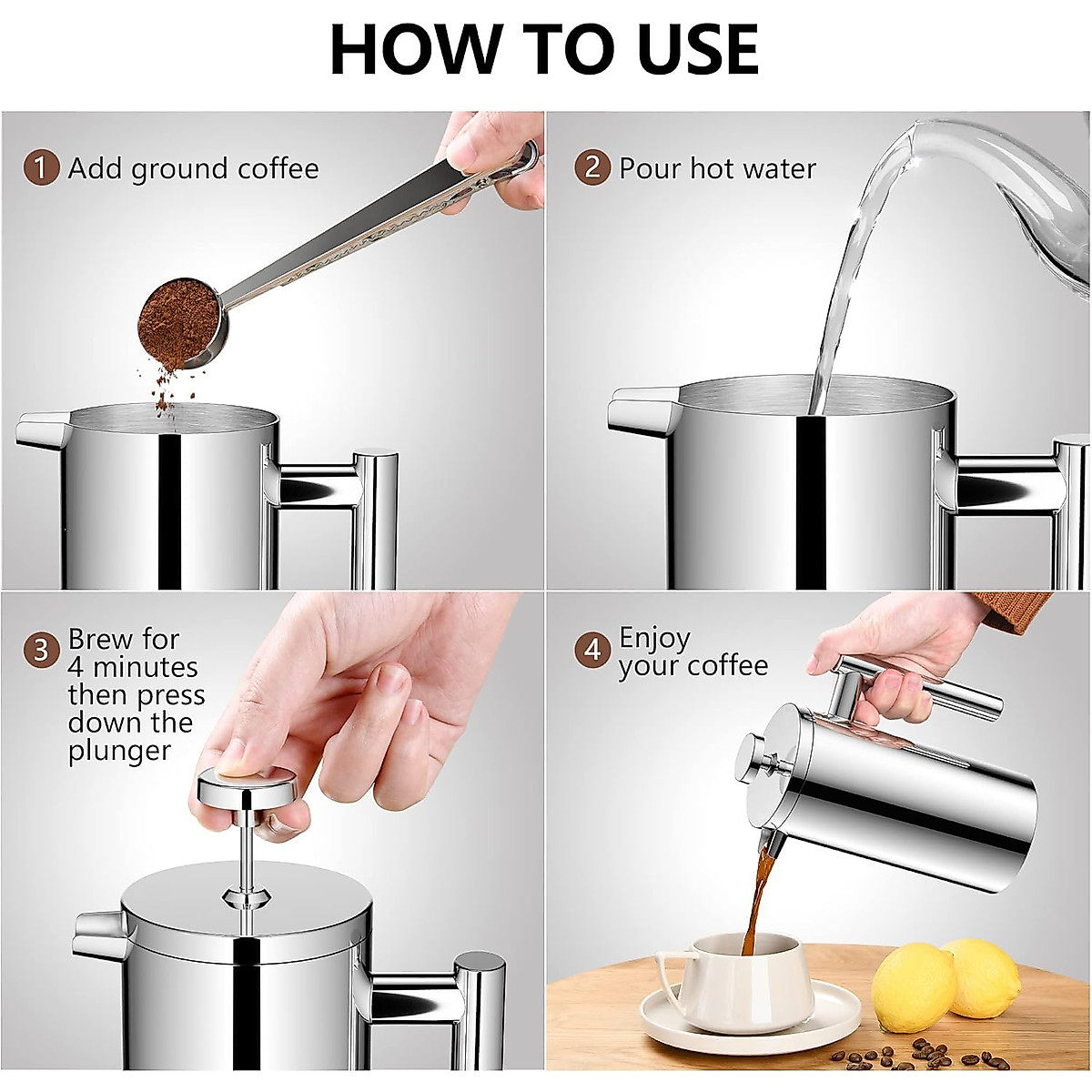 Meelio Small French Press Coffee Maker 600ml, Double-Wall Insulated French Press Coffee Press Stainless Steel for travel camping, Included 2 Extra Fliters and 1 Coffee Spoon (2-4cup, 20 OZ)