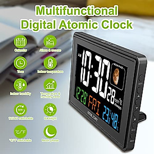 BALDR Atomic Alarm Clock - Large Color Display Digital Desk Clock - With Indoor Thermometer for Temperature & Humidity - Date & Real-Time Moon Phases - Perfect Office Clock or Nightstand Clock (Black)