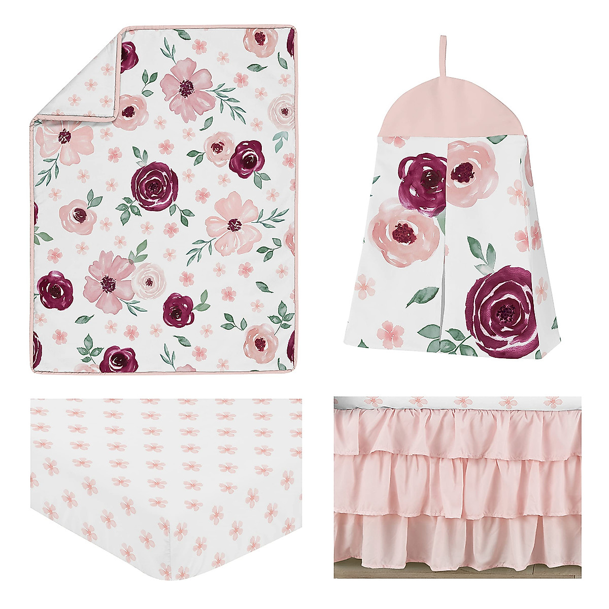 Sweet Jojo Designs Burgundy Watercolor Floral Baby Girl Nursery Crib Bedding Set - 4 Pieces - Blush Pink, Maroon, Wine, Rose, Green and White Shabby Chic Flower Farmhouse