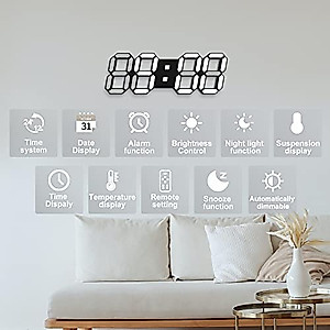 Deeyaple Led Digital Alarm Clock 3D Small Wall Clock Snooze Dimmable Time Memory 12/24 Date Temperature Remote Control Night Light Office Kitchen Living Room Bedroom (15 Inch, Black