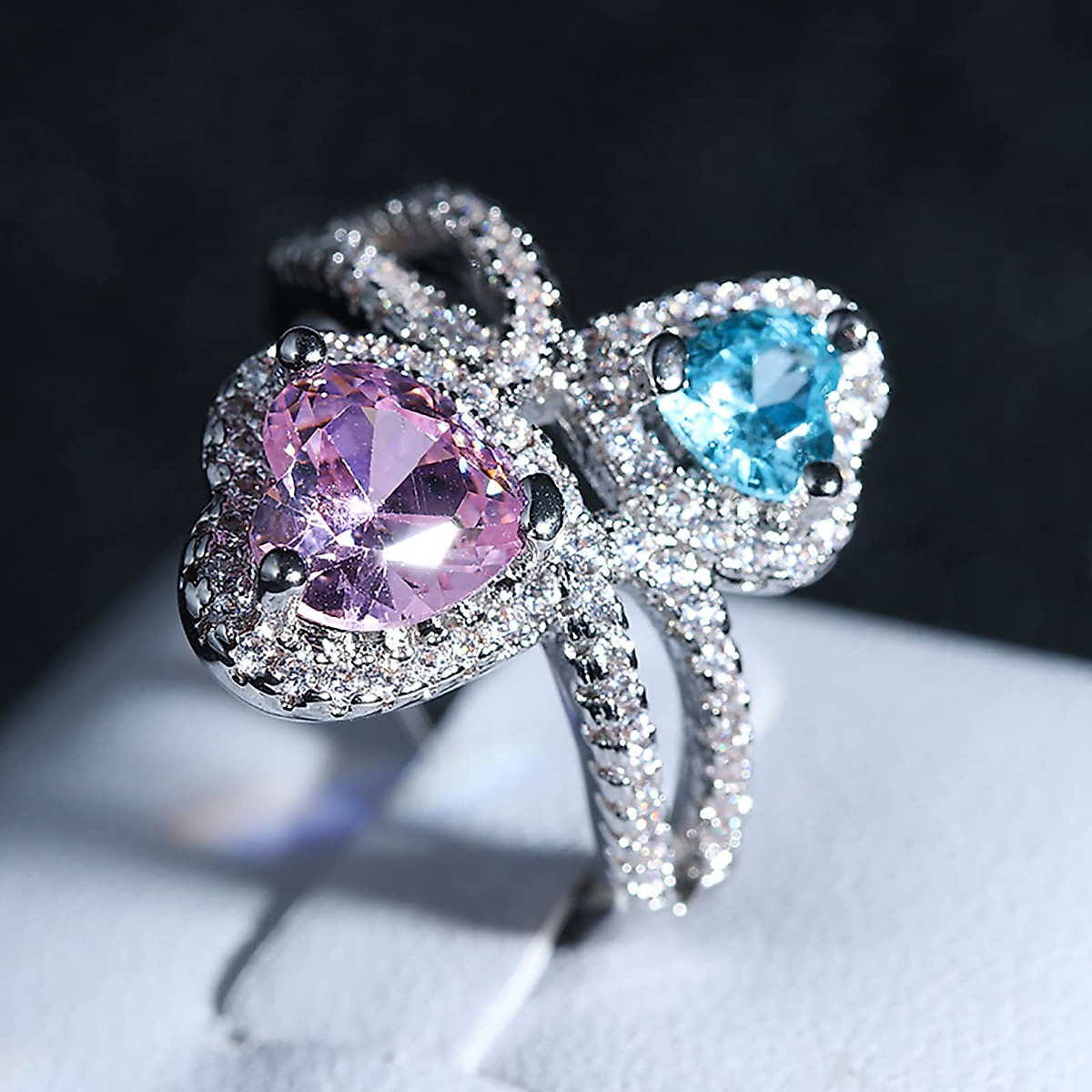 Wedding Bands for Women Double 2-Stone Heart Rainbow Eternal Engagement Ring Girls Ring Stackable Zirconia Engagement Rings Eternity- Promise Band Rings Girl Jerwery Gift Size 6-10 (A, 6)