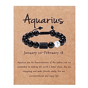 Zodiac Bracelet for Couple 8mm 10mm Natural Black Onyx Stone Star Sign Constellation Distance Friendship Prayer Blessing Bracelet Gifts Men Women Size adjustable (Men 10mm beads,Aquarius)
