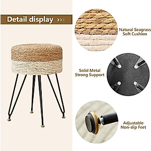 ALeesing Makeup Vanity Stool, Hand Weave Natural Seagrass Footstool Ottoman, Foot Rest Dressing Stool with Metal Leg, Modern Multifunctional Vanity Stools Chair, White