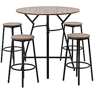 HOMCOM Industrial 5-Piece Bar Table and Chairs Set, Space Saving Dining Table with 4 Stools for Pub and Kitchen, Black & Brown