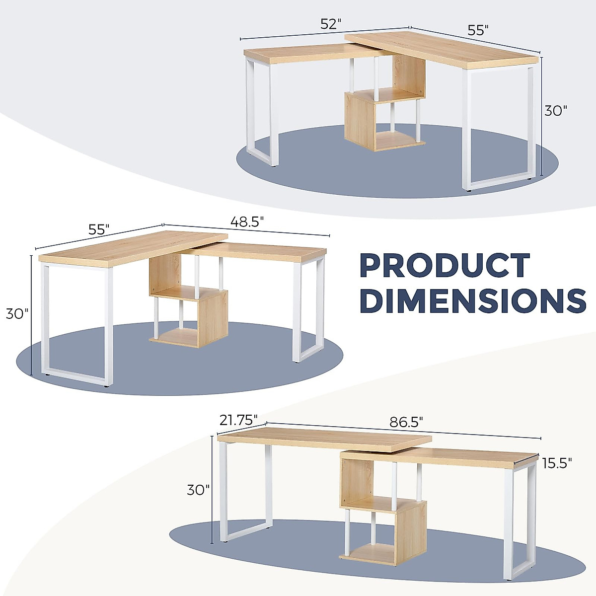 IULULU Computer Desk, 360° Rotating Corner L Shaped Table with Storage Shelves, Home Office Study Writing Workstation Space-Saving