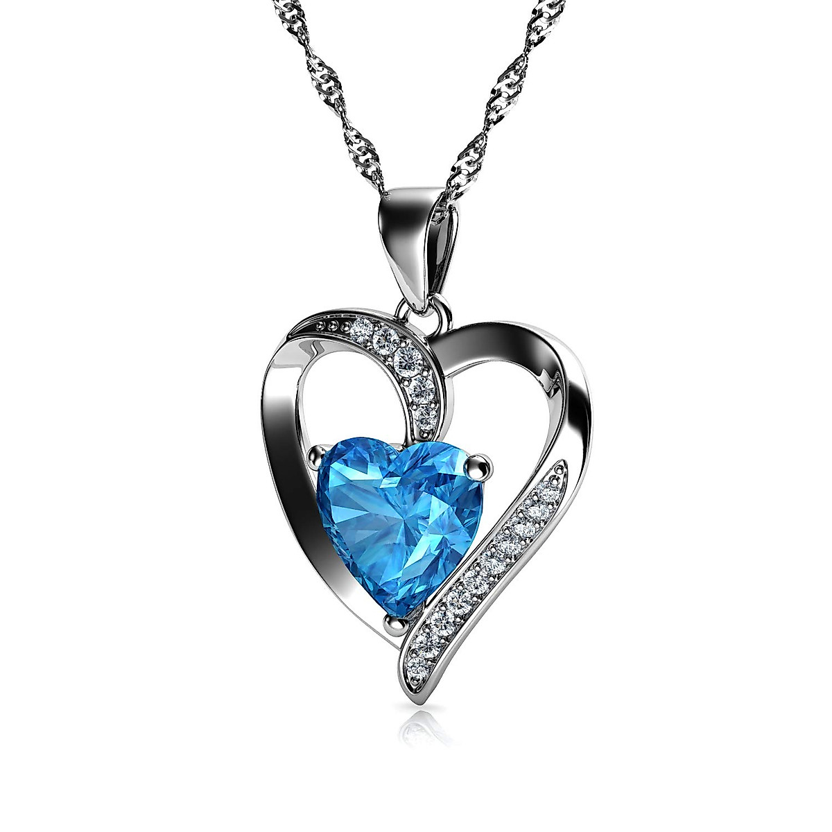 DEPHINI - Heart Necklace - 925 Sterling Silver - Aquamarine Birthstone Embellished with Branded Crystal Pendant - Fine Jewelry 18" Rhodium Plated Chain