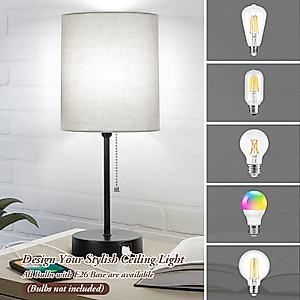 Table Lamps Set of 2 with USB Charging Ports, Grey Bedside Lamps with AC Outlet, Nightstand Lamps with Pull Chain Switch, Minimalist Modern Desk Lamps with Fabric Shade for Living Room Bedroom Office