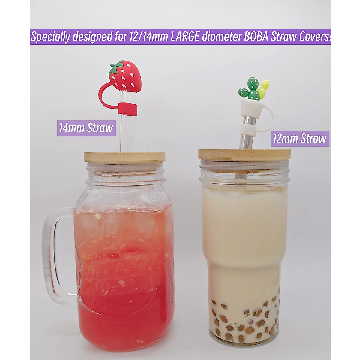 4PCS Straw Covers for Boba Straws, 12mm & 14mm Silicone Straw Tips for Wide straws Large straws Jumbo Straws Smoothie Straws Reusable Straws Glass Straw Silicone Straws
