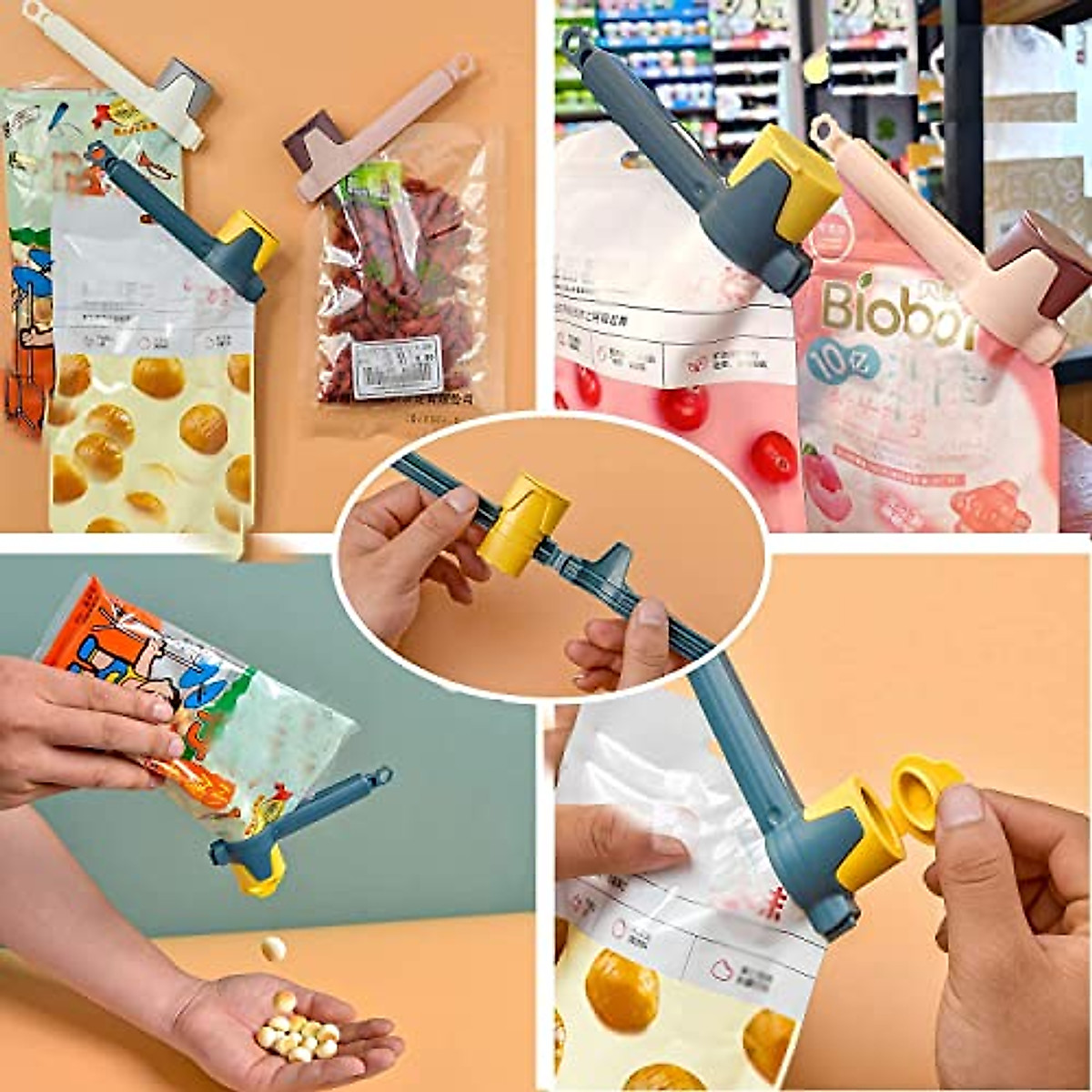 Food Storage Clips,Chip Clips,Bag Clips,Food Clips,Sealing Clips,Package Clips with Pour Spout,For Sealing Packaged Items Such As Coffee,Sugar,Flour,Cereal,Washing Powder,Condiment(2pcs,Blue,White)