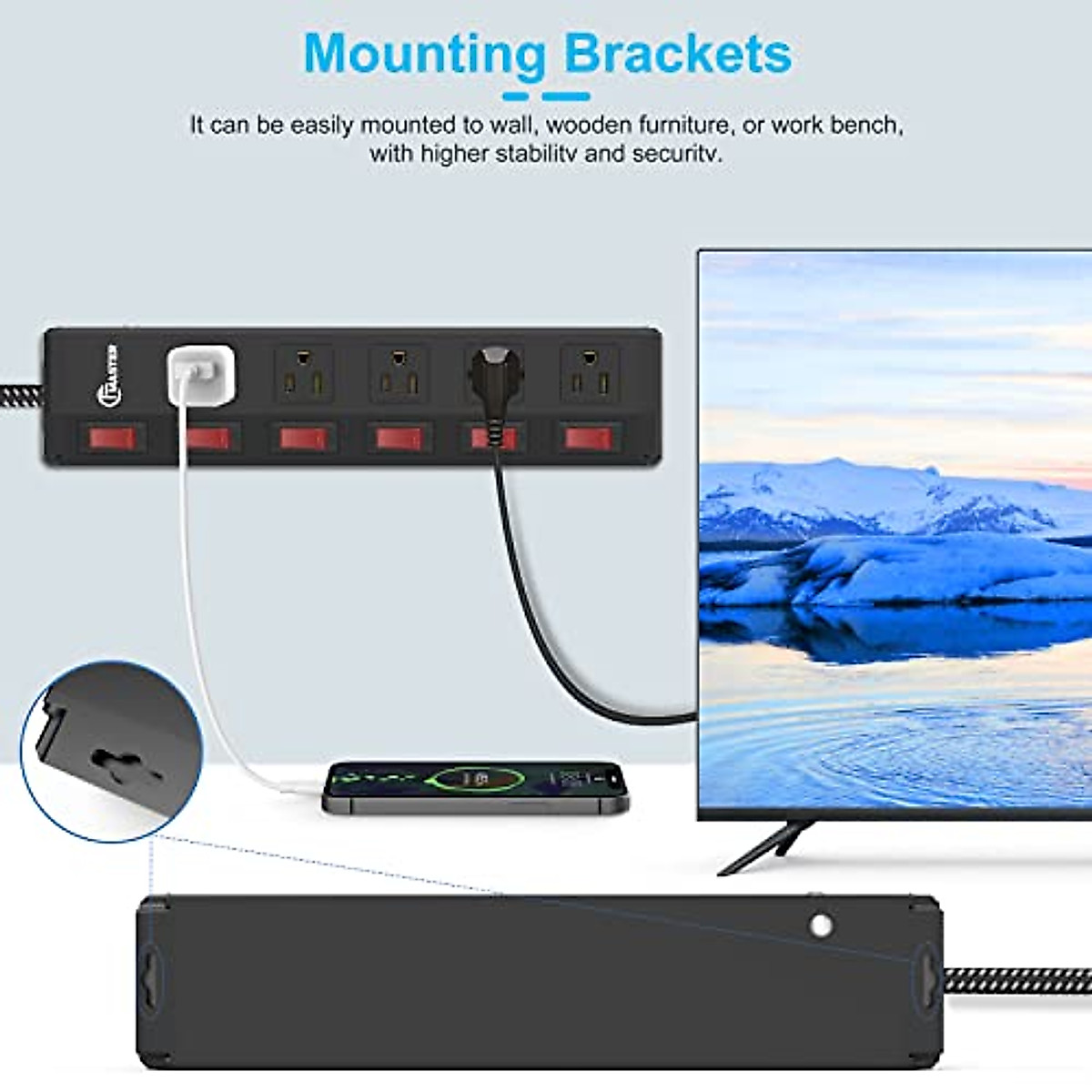 Power Strip Surge Protector 5 outlets Metal Heavy Duty Extension Cord 6 ft,5 Independent switches with one Master Switch, SGS Certified，Black…