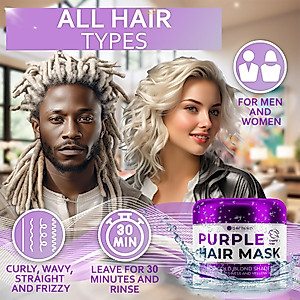 Purple Hair Mask - Deep Conditioner and Toner for Blonde, Brassy Hair - Hydrating Repair and After Bleach Treatment for Damaged and Dry Hair - Moisture Conditioning for Bleached Women and Men