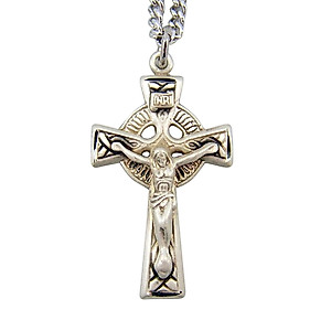 Sterling Silver Irish Catholic Celtic Cross Crucifix Pendant, 1 1/4 Inch