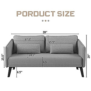 Lonkwa Loveseat Couch Sofa 59", Upholstered Couches for Living Room, Modern Fabric Love Seat, Mid Century 2 Seate Small Sofa with 2 Pillows - Small Space Office Bedroom Apartment, Light Grey