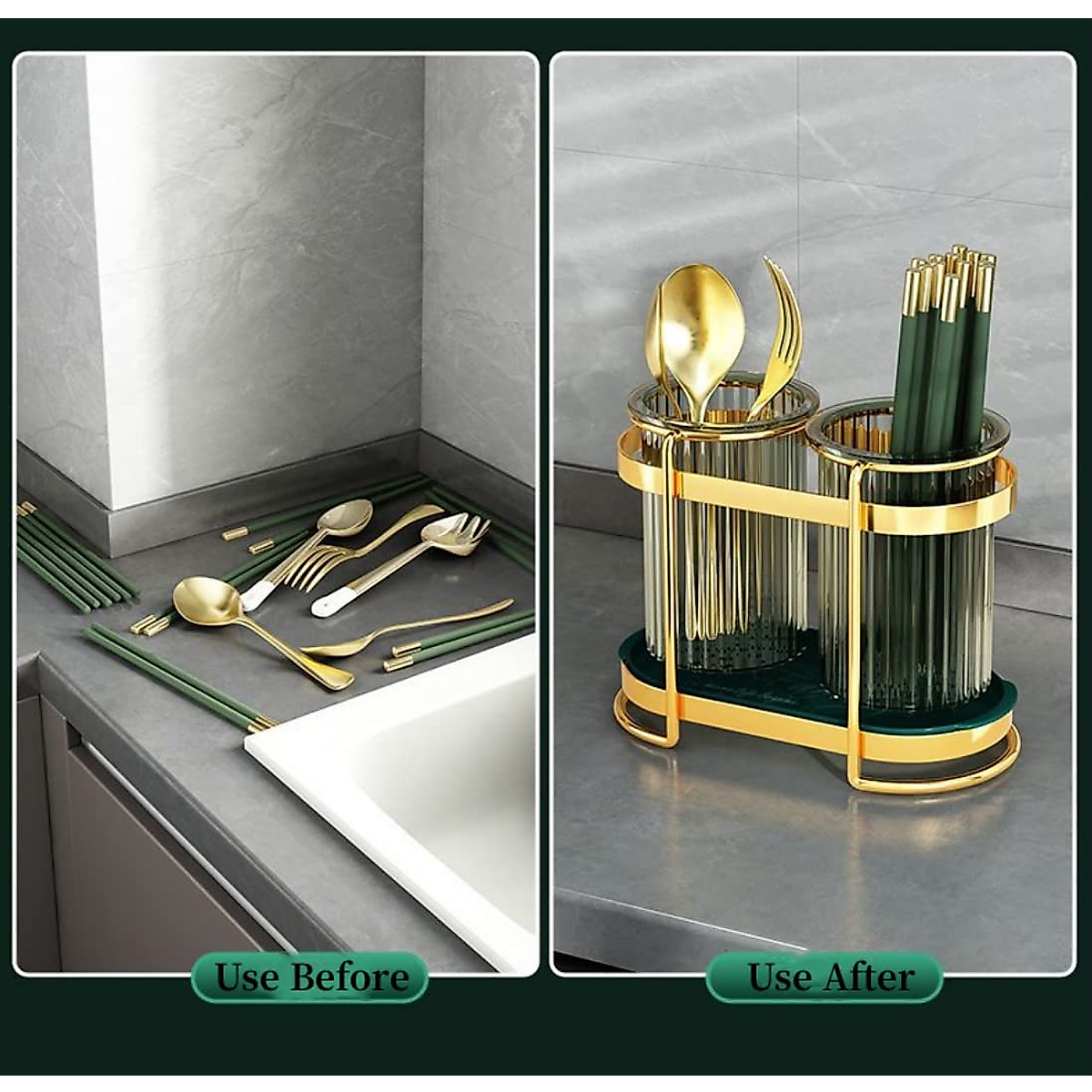 NAN Wind Cutlery and Utensil Storage Organizer,Cutlery and Utensil Organizer With Drainer,Utensil Countertop Storage Container for Kitchen to Holds Forks,Knives,Spoons,Chopsticks