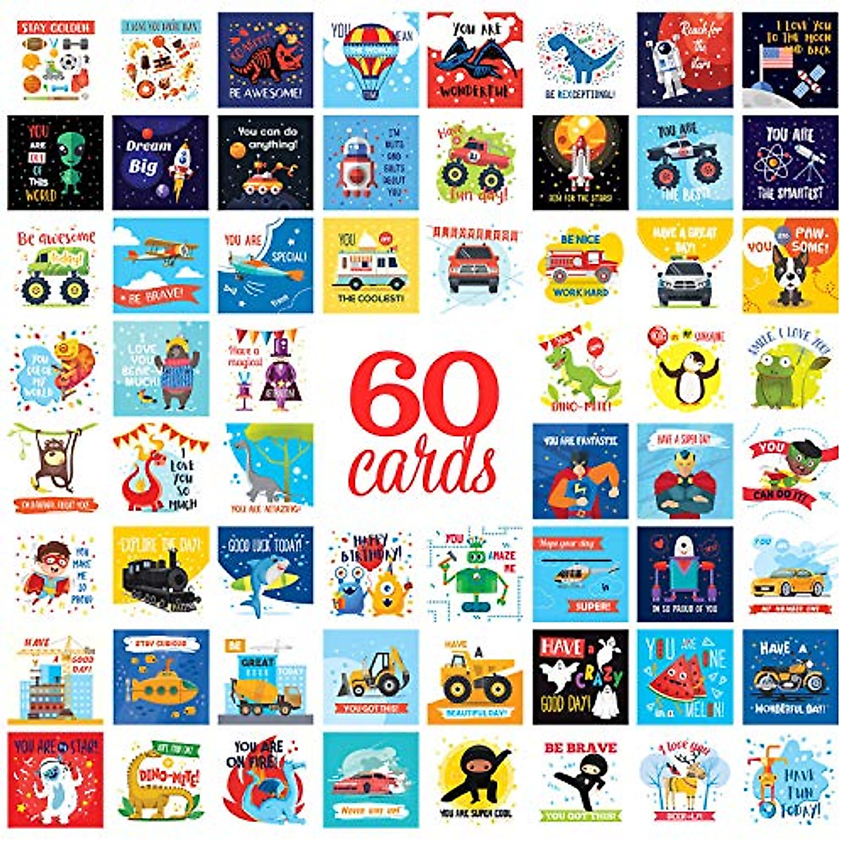 Party Profi Lunch Box Notes for Kids - 60 Fun Motivational and Cute Inspirational Thinking of You Cards for Boys Lunchbox