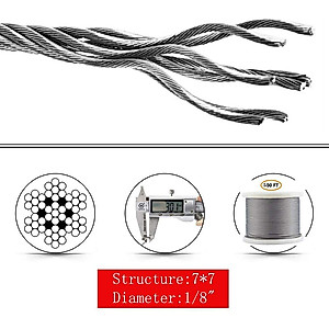 Bysn 1/8 T316 Stainless Steel Cable, Aircraft Cable for Deck Railing, 7 x 7 Strands Construction Braided Steel Cable, 500FT Wire Rope Cable for Railing