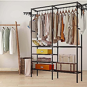 MOAMUN Metal Garment Rack Clothing Hanging Rack Free Standing Clothing Hanger with Top Rod,Lower Storage Shelves for Home Bedroom Laundry (Black)