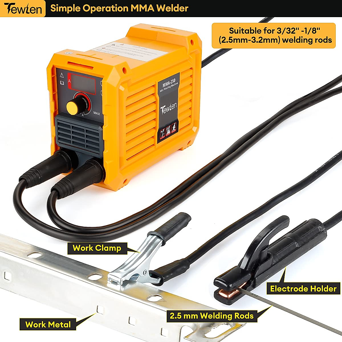 250Amp MMA Welder, TEWLEN ARC Welding Machine Kit, Portable 110V IGBT Digital Display LCD Hot Start Welder Electric Welder Machine with Electrode Holder,Earth Clamp,Mask,Brush,Welding Rods,Gloves