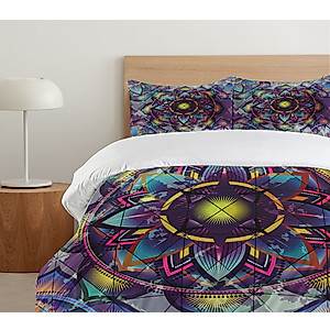 Ambesonne Lotus Duvet Cover Set, Psychedelic Surreal Geometry Mandala Background Futuristic Effects Print, Decorative 3 Piece Bedding Set with 2 Pillow Shams, King Size, Lilac Blue