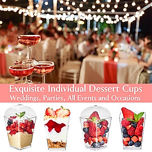 TOFLEN 50 Pack 5 oz Mini Dessert Cups with Lids and Spoons, Square Clear Plastic Dessert Shooters Party Serving Tumbler Cups for Parfait Appetizers & Dessert Shot Glasses (Dome)