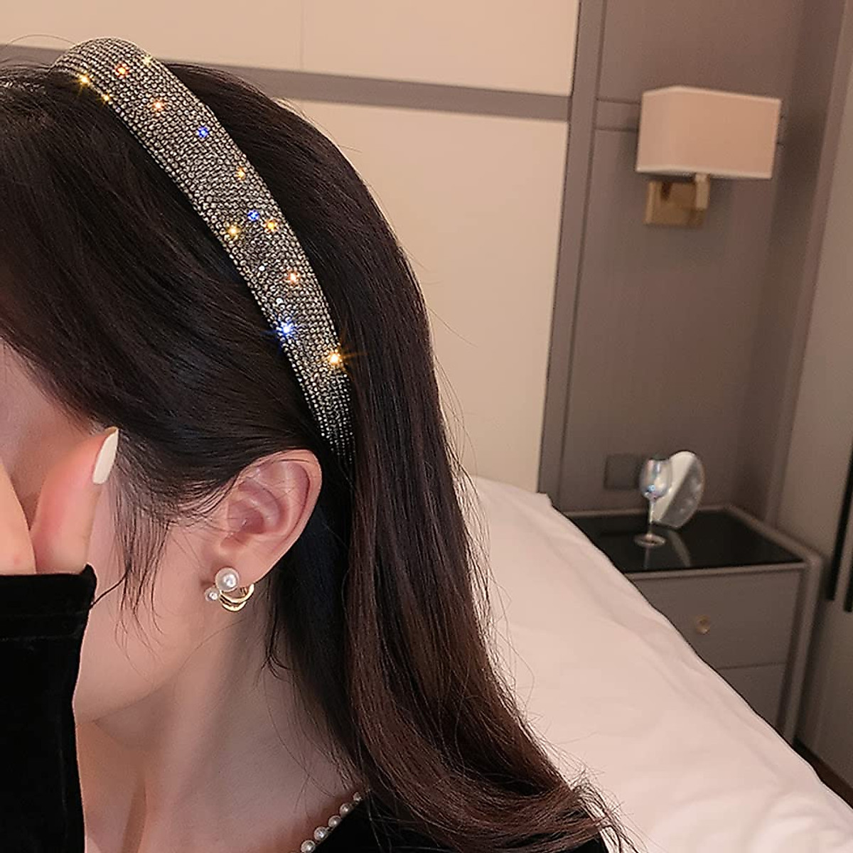 Wiwpar Rhinestone Headbands for Women Girls Fashion Rhinestone Head Bands Sparkly Black Headband Hair Hoop Party Hair Accessories (Black)