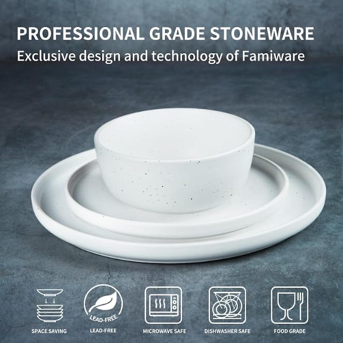 Famiware Dawn Plates and Bowls Sets, 12 Pieces Stoneware Dinnerware Sets, Dishes Set for 4, Microwave and Dishwasher Safe, White Matte