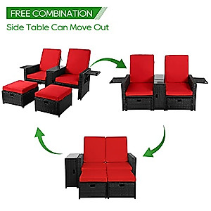 B BAIJIAWEI 5pcs Patio Wicker Loveseat - Outdoor Rattan Sofa Set with Cushion - Adjustable Lounge Chair with Ottoman Footrest, Wicker Furniture for Garden, Patio, Balcony, Beach, Coffee Bar, Deck