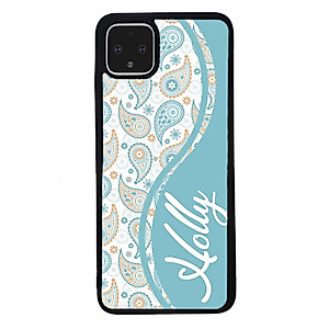 Teal Blue Orange Paisley Personalized Black Rubber Phone Case Compatible With Google Pixel 8 Pro, 8a, 8, 7a, 7, Pixel 7 Pro, 6a, Pixel 6 Pro, 6, 5, 4a 5G, 4a 4G, 4, 4 XL, 3a, 3a XL, 3, 3 XL, 2 XL