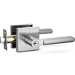 Berlin Modisch Entry Lever Door Handle and Single Cylinder Deadbolt Lock and Key Slim Square Locking Lever Handle Set [Front Door or Office] Right & Left Sided Doors Heavy Duty – Satin Nickel Finish