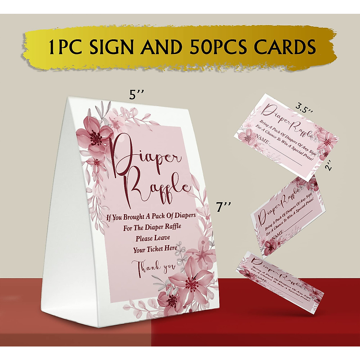 Diaper Raffle Sign,Diaper Raffle Baby Shower Game Kit (1 Standing Sign + 50 Guessing Cards),Pink Floral Insert Ticket,Baby Showers Decorations,Card for Baby Shower Game to Bring a Pack of Diapers-XN19