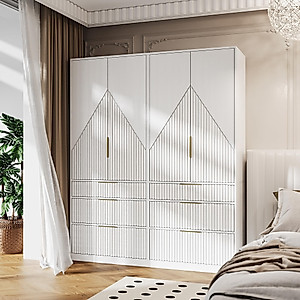 71.7 " Wardrobe Armoire Wooden Closet with 2 Doors and 3 Drawer, Bedroom Armoire with Hanging Rod Shelf, Large Capacity Storage Wardrobe Armoire, Freestanding Wooden Closet Storage Cabinet White