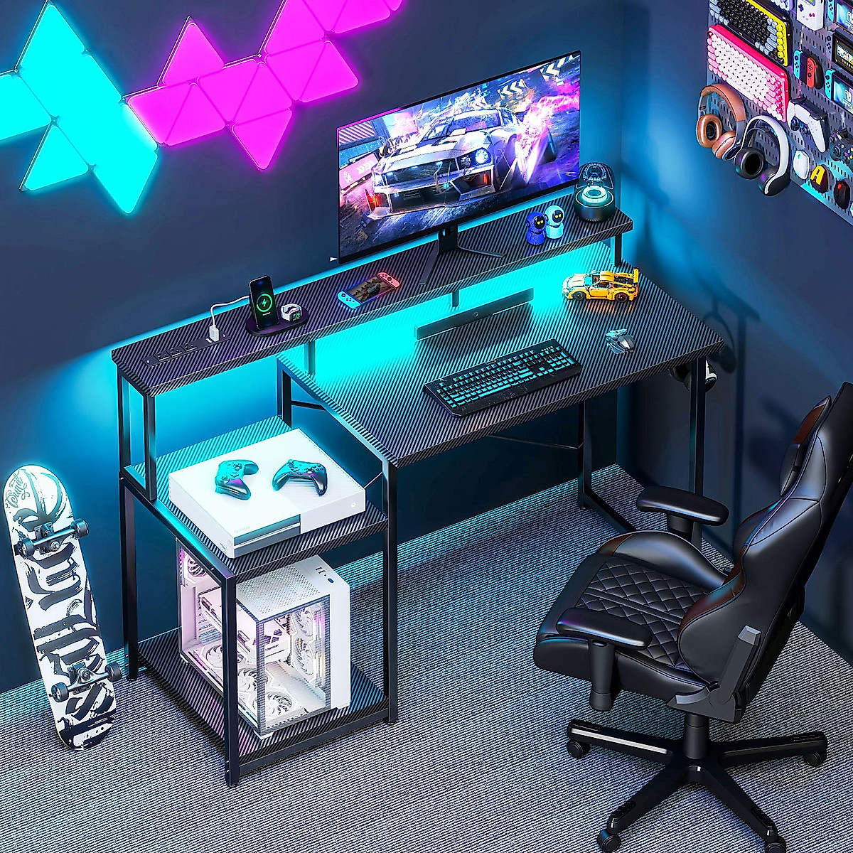 AODK Computer Desk, 48 Inch Gaming Desk with Led Lights & Power Outlet, Office Desk with Printer Storage Shelves, Reversible Desk with Monitor Shelf & Headphone Hook, Carbon Fiber Black